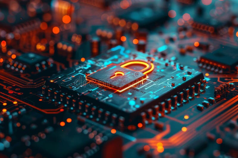 Close-up of a Microchip Featuring an Illuminated Padlock Symbol ...