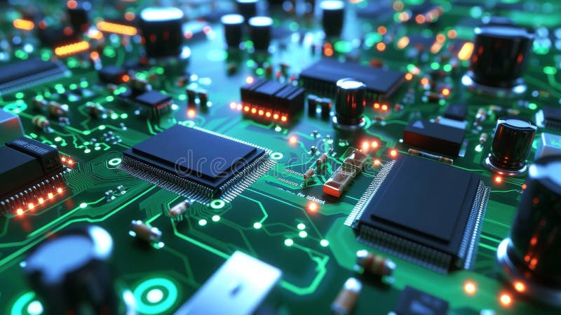 Close-up of a Microchip on a Green Printed Circuit Board with Detailed ...