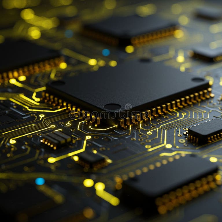Close-up of a Microchip on a Printed Circuit Board. Dark Surface with ...