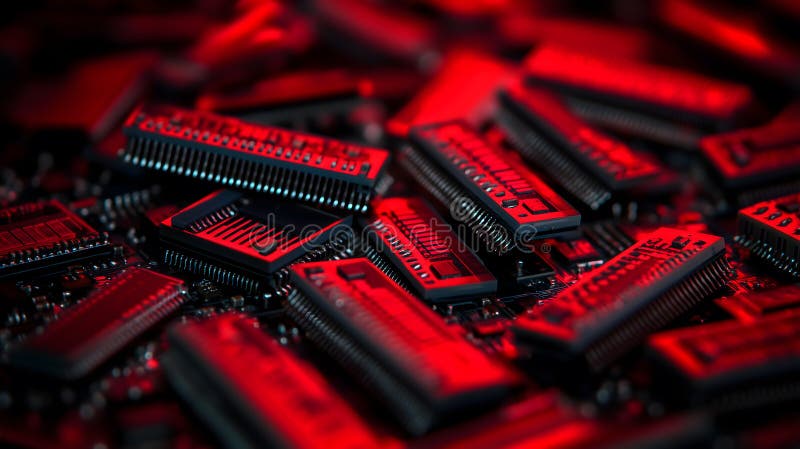 Close-up of Microchips Scattered on a Circuit Board, Illuminated by a ...