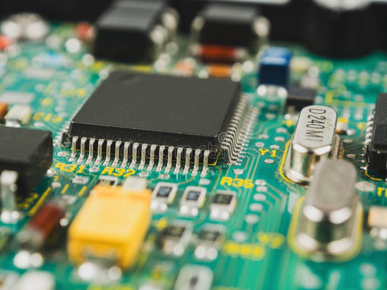 Close-up of Microcircuits and Components: Chips, Diodes and Capacitors ...