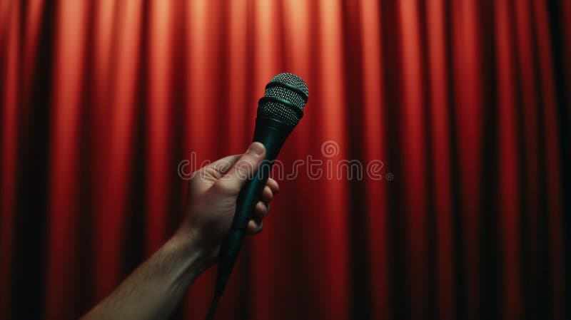 Close-up of a Microphone Against Red Stage Curtains Stock Photo - Image ...