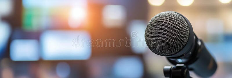 Close Up of a Microphone in a Broadcasting Studio with Blurred Screens ...
