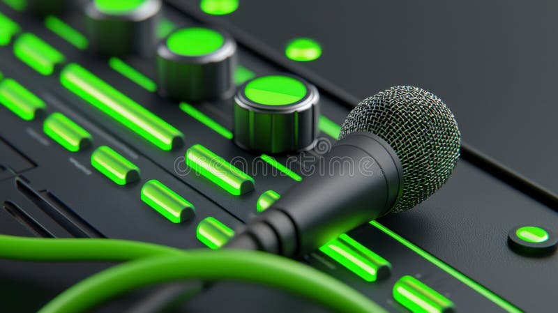 Close-up of Microphone and Control Panel with Green Lights in a Music ...