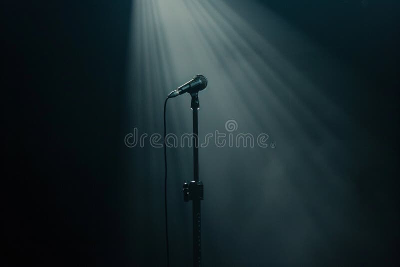 Closeup of a Microphone on a Dark Stage Illuminated by a Single ...