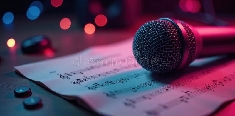 Close Up Microphone, Encircled by Vibrant Notes , Design, Band, Stage ...