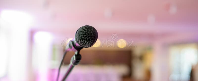 Close Up of Microphone in Hall. Event Background. Stock Image - Image ...