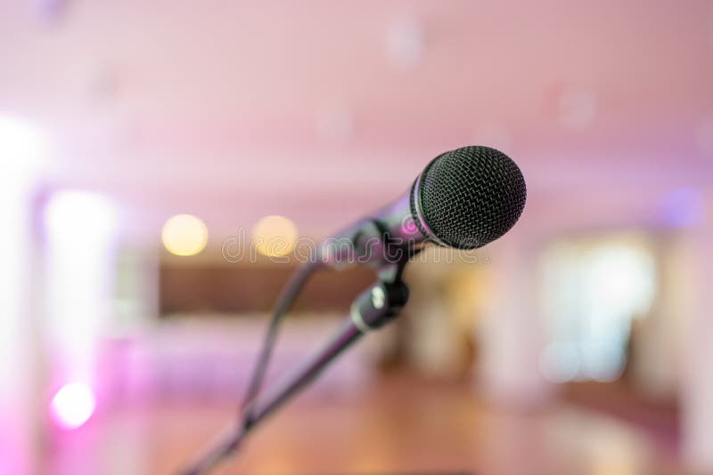 Close Up of Microphone in Hall. Event Background. Stock Photo - Image ...