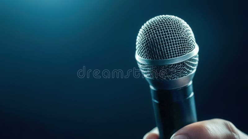 Close-Up of Microphone Held in Hand on Blue Background Stock ...
