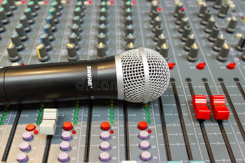 Close Up Microphone on Mixing Console of a Big HiFi System Editorial ...