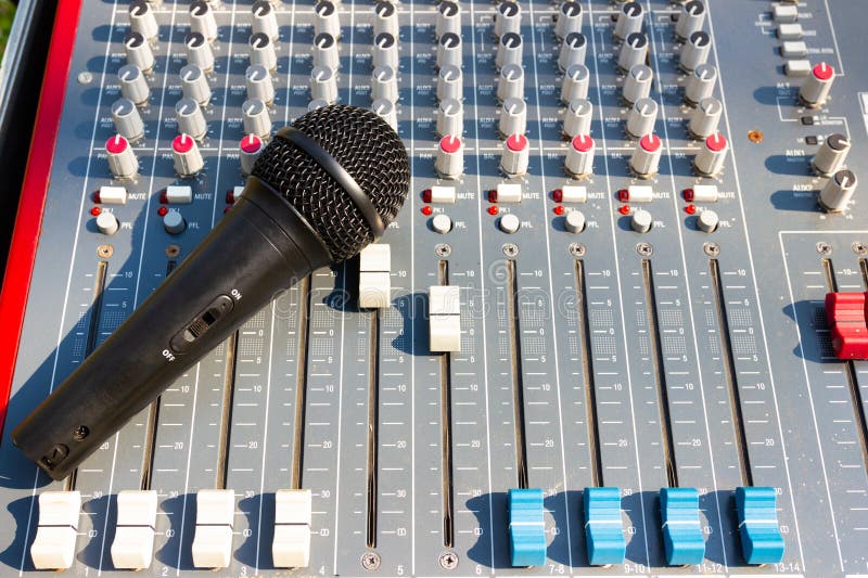 Microphone on Mixing Console of a Big HiFi System, the Audio Equipment ...