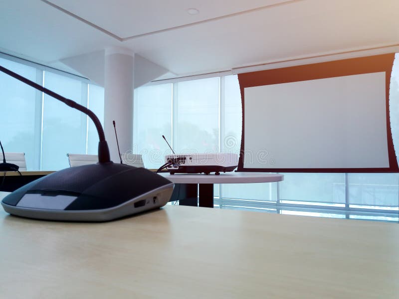Close Up Microphone and Projector in Meeting Room Stock Image - Image ...