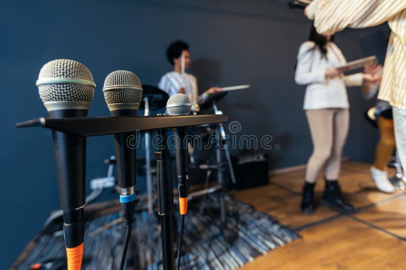 Microphone on Stage in Audience Room Stock Photo - Image of event ...