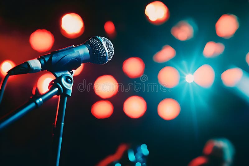 Close-up of Microphone on Stage with Blurred Concert Lights Stock Photo ...