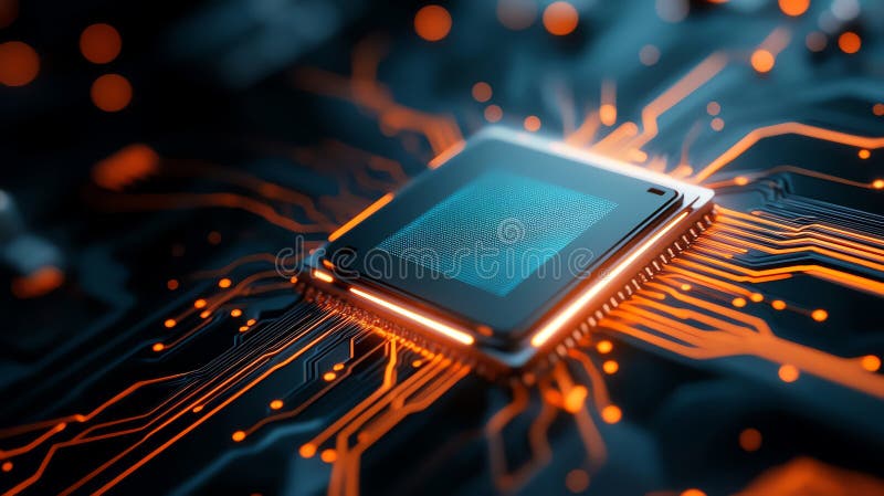 Close-up of a Microprocessor on a Motherboard with Glowing Circuits ...