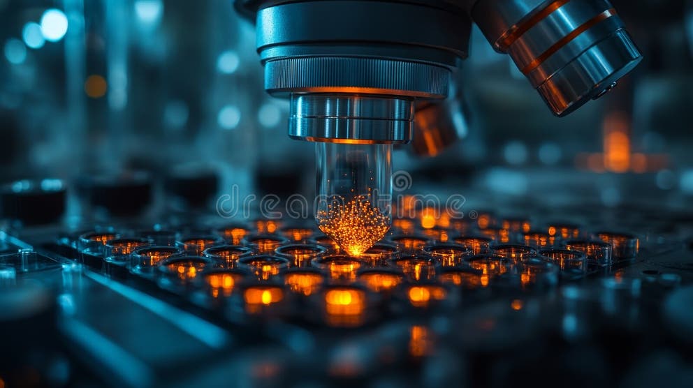 Close-up of Microscope Analyzing Glowing Particles in Lab Setting at ...