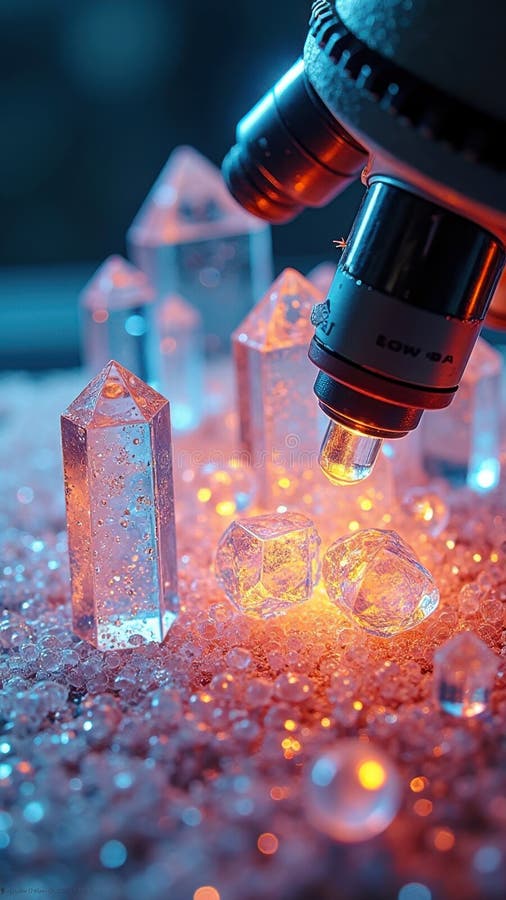 Close-up of Microscope Analyzing Illuminated Crystals in Science Lab ...