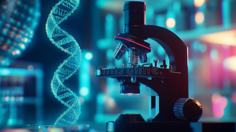 Close Up of a Microscope with Animated Dna in a Lab Innovative Medical ...