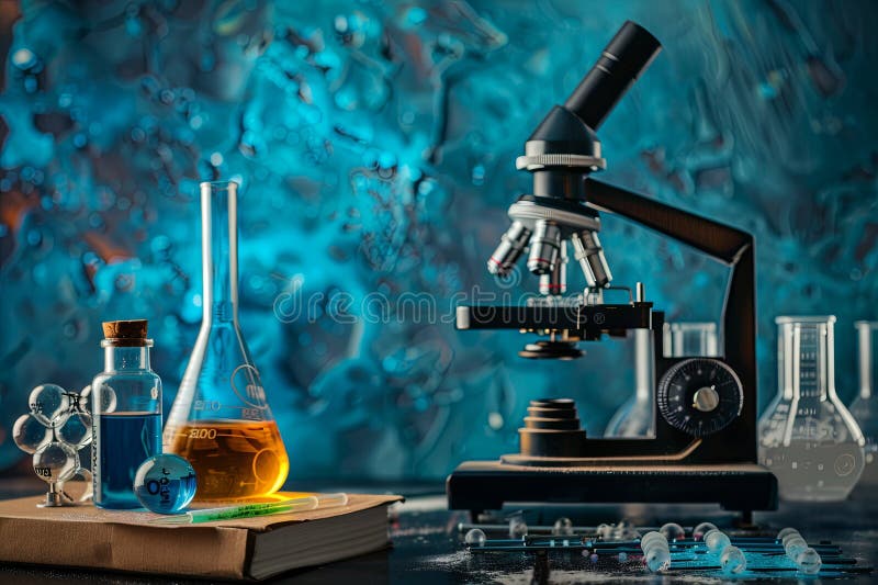 A Close-up of a Microscope, Beakers, and Other Chemistry Equipment on a ...