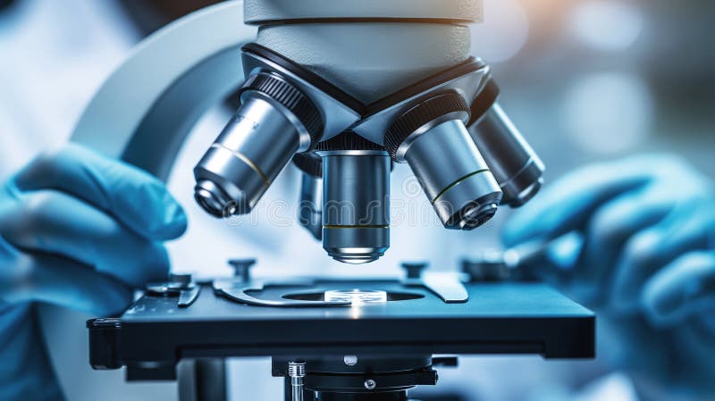 Close-up of a Microscope Being Adjusted by a Scientist Wearing Blue ...