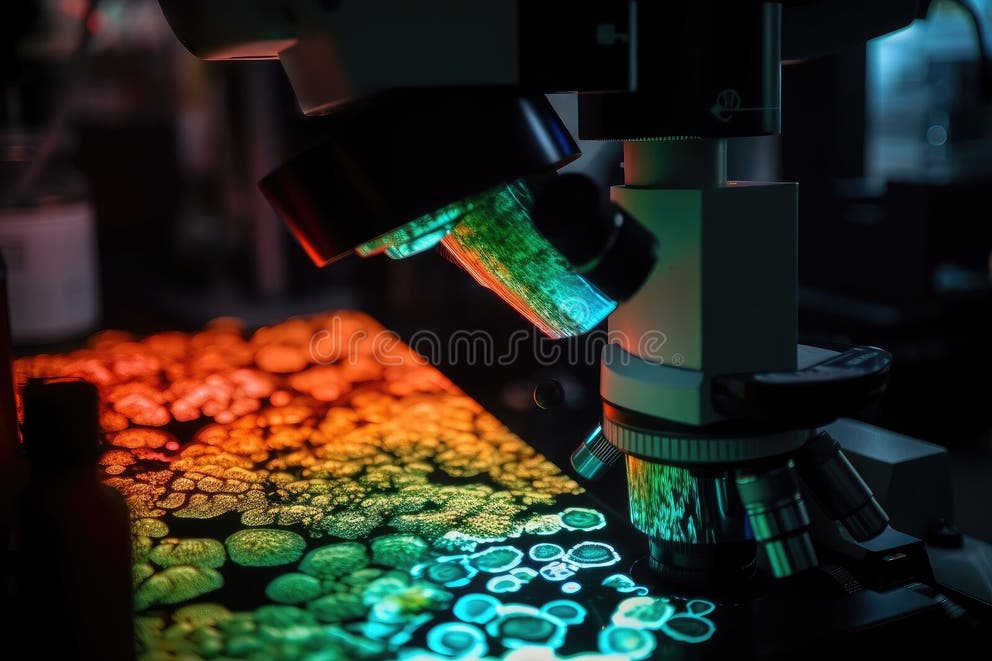 Close-up of Microscope with Colorful Microorganisms Visible Under the ...