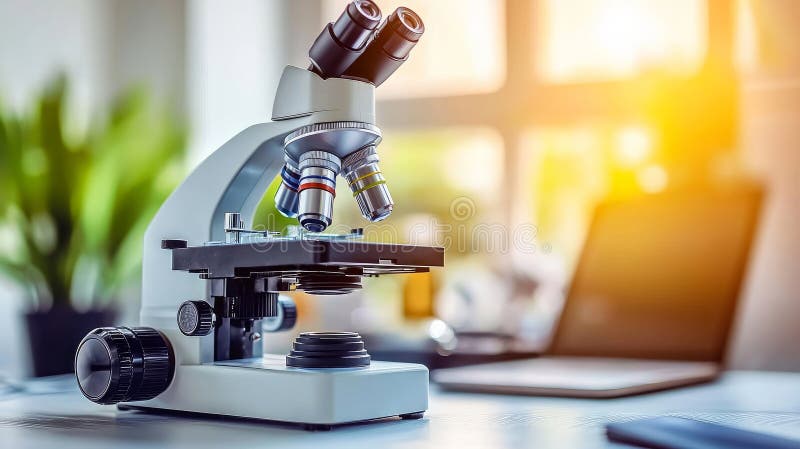 Close Up of a Microscope on a Desk in a Lab Setting Stock Illustration ...