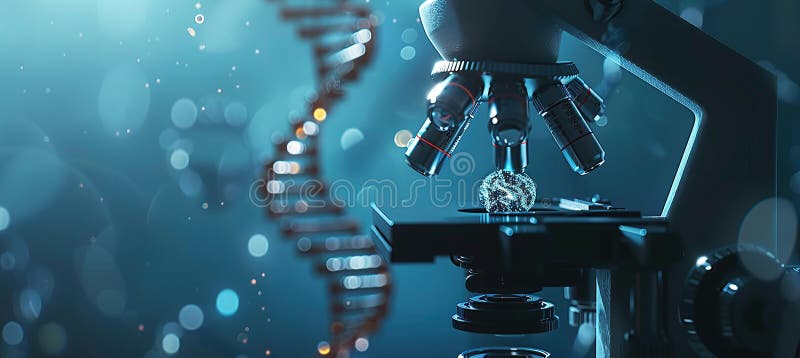 Close Up of Microscope and Double Helix DNA on Blue Background Stock ...