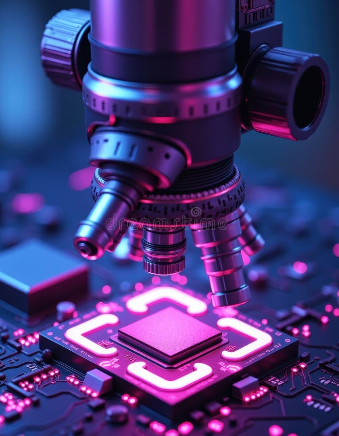 Close-up of a Microscope Examining a Computer Chip with Vibrant Pink ...