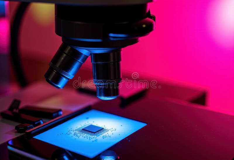 Close-up of a Microscope Examining a Microchip Under Vibrant Lighting ...