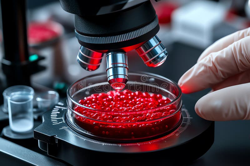 Close-up of a Microscope Examining a Petri Dish with Vibrant Red ...