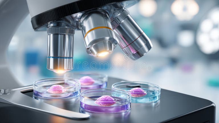 Close-up of Microscope Examining Petri Dishes with Samples in ...