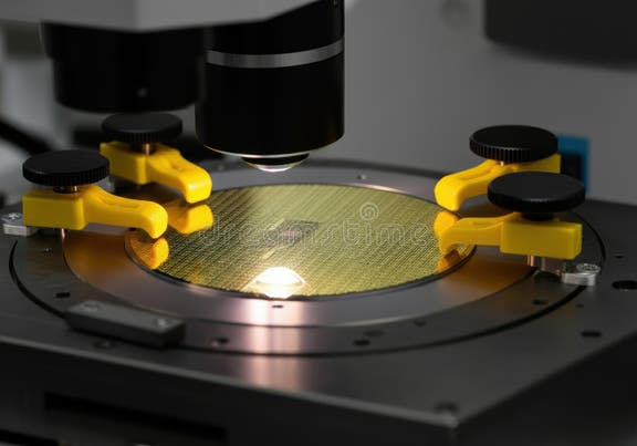 Close-up of a Microscope Examining a Silicon Wafer in a Lab Setting ...