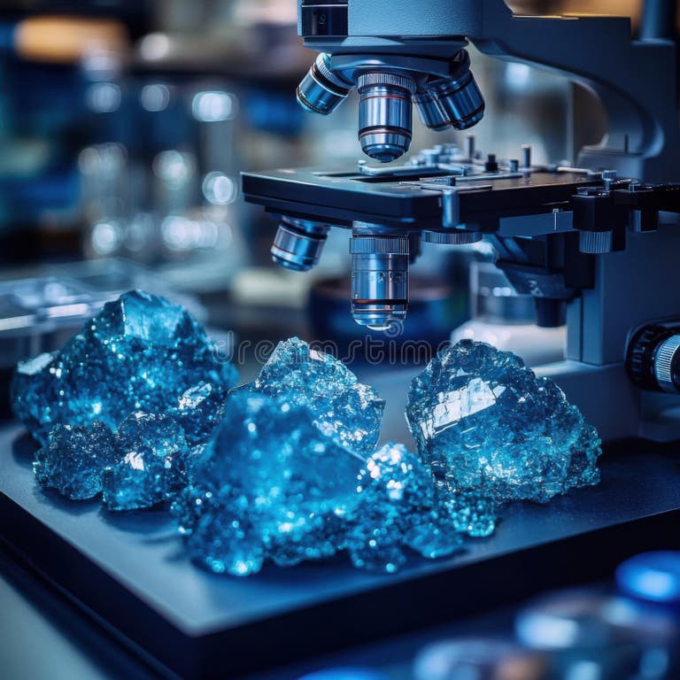 Close-Up of Microscope Focused on Blue Crystals in Laboratory Setting Stock Illustration ...