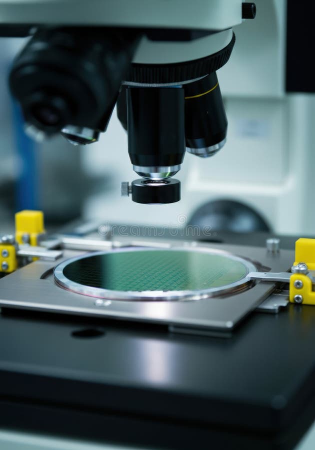Close-up of a Microscope Focusing on a Green Sample Slide Stock Photo ...