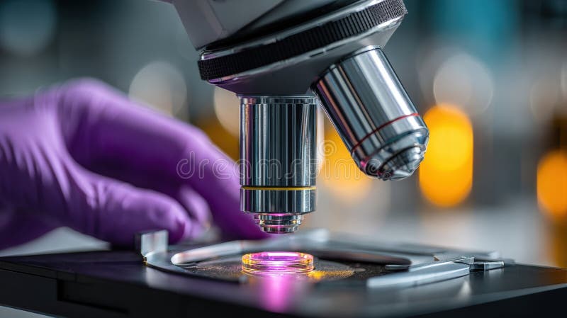 Close-up of a Microscope with a Gloved Hand Adjusting the Focus ...