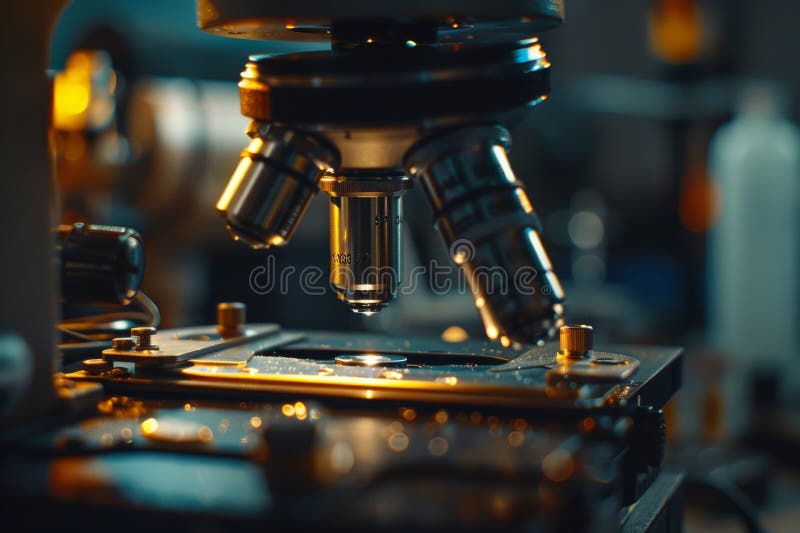 Close-up of a Microscope with a Glowing Orange Light Focusing on a ...