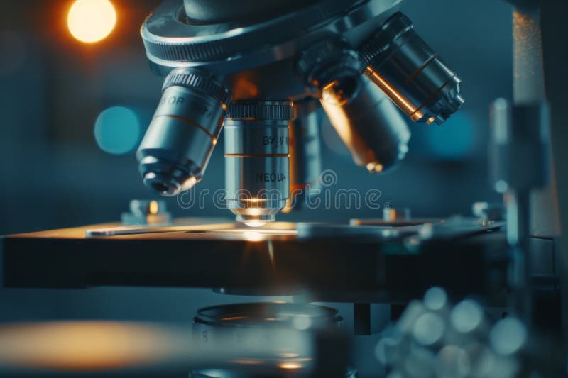 Close-up of a Microscope with a Glowing Orange Light Focusing on a ...