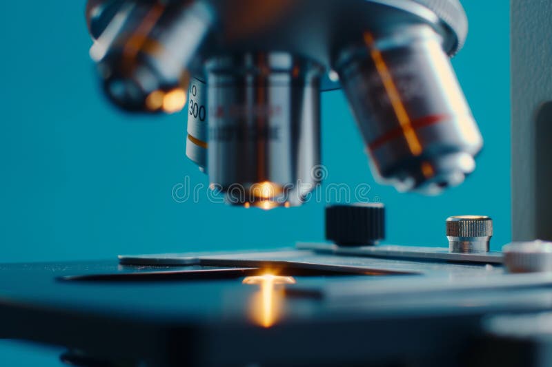 Close-up of a Microscope with a Glowing Orange Light Focusing on a ...