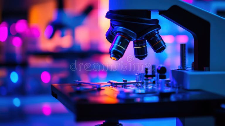 Close-Up of Microscope in High-Tech Laboratory with Neon Lighting in ...