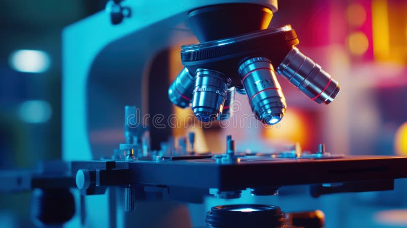 Close-Up of Microscope in High-Tech Laboratory with Neon Lighting in ...