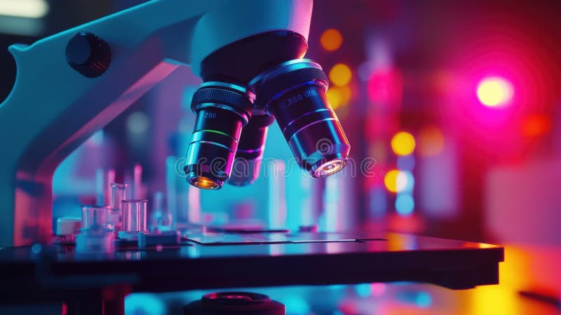 Close-Up of Microscope in High-Tech Laboratory with Neon Lighting in ...