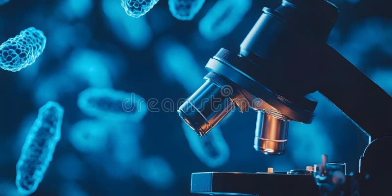 Close-up of Microscope with Illuminated Lens and Glowing Microorganisms ...