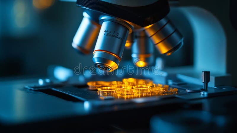 Close-up of a Microscope Illuminating a Sample in a Scientific ...