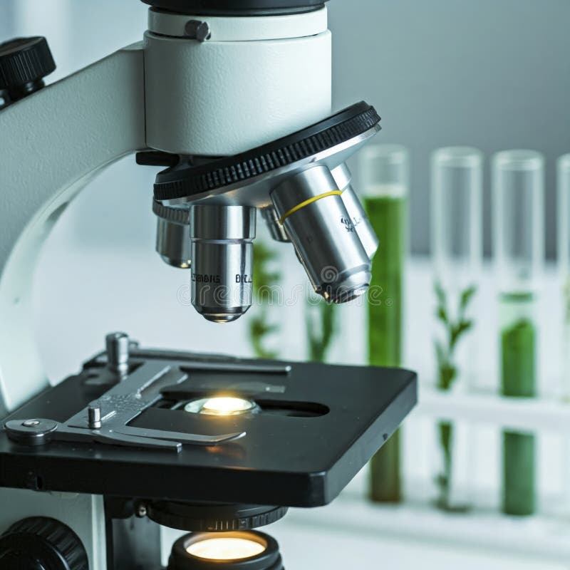 Close Up of a Microscope Illuminating a Sample Slide, with Test Tubes ...
