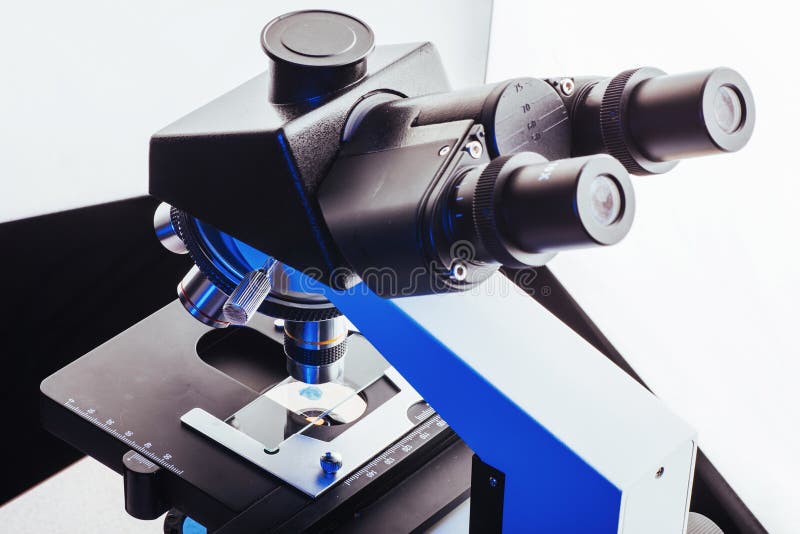 Close Up of Microscope at the Laboratory. Stock Photo - Image of hands ...