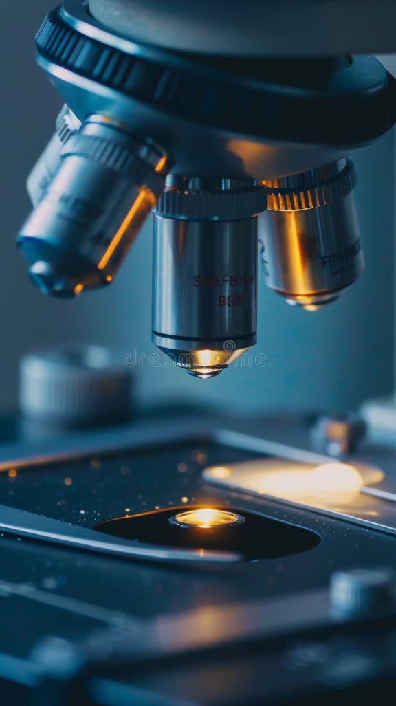 Close-up of a Microscope in a Laboratory with Illuminated Lens and ...