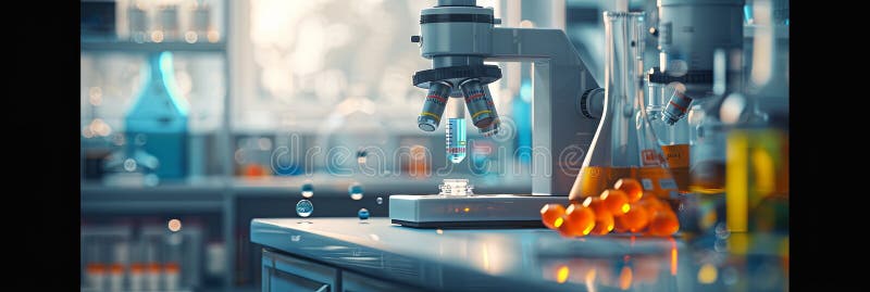 A Close-up of a Microscope in a Laboratory Setting with Test Tubes and ...