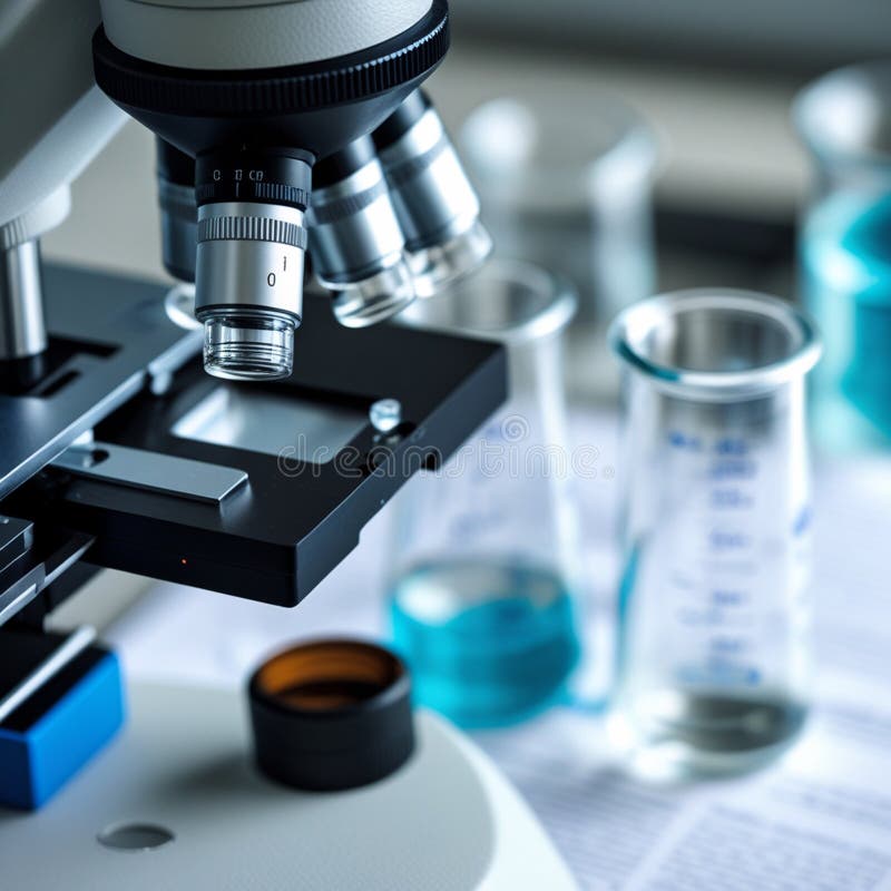 Close-up of a Microscope in a Laboratory with Several Research Glasses ...