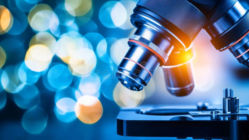 Close Up of a Microscope Lens with a Blue Bokeh Background Stock ...