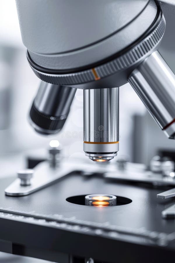 Close-up of a Microscope Lens Focused on a Luminous Cell during a ...